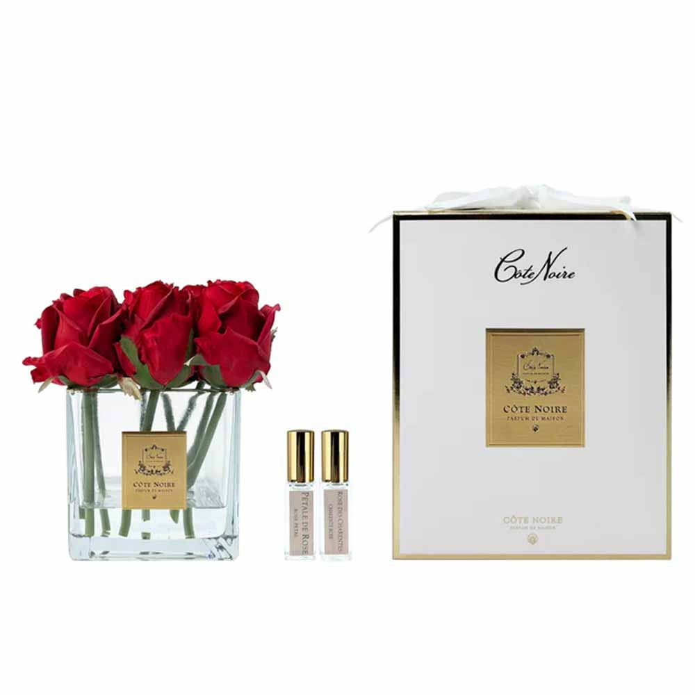 Cote Noir Couture 9 Rose Buds Square Clear Vase Gold & Red | Natonic