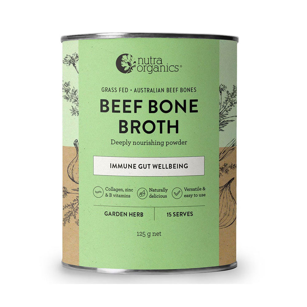 Nutra Organics Beef Bone Broth Immune Gut Wellbeing Garden Herb Flavour ...